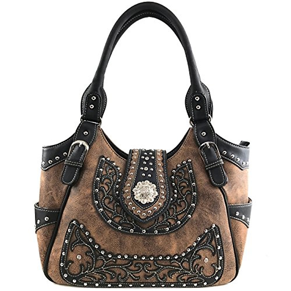 Zelris Western Albino Western Floral Buckle Conceal Carry Women Tote Purse Handbag with Crossbody Wallet Set (Brown)