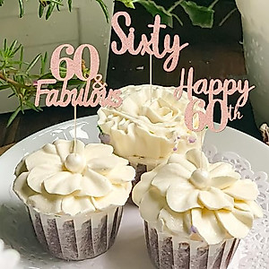 30 Pcs 60th Birthday Cupcake Toppers, Rose Gold Glitter 60th Cake Toppers 60 & Fabulous Cupcake Picks for Happy 60th Birthday Anniversary Party Decorations Supplies (Rose Gold)