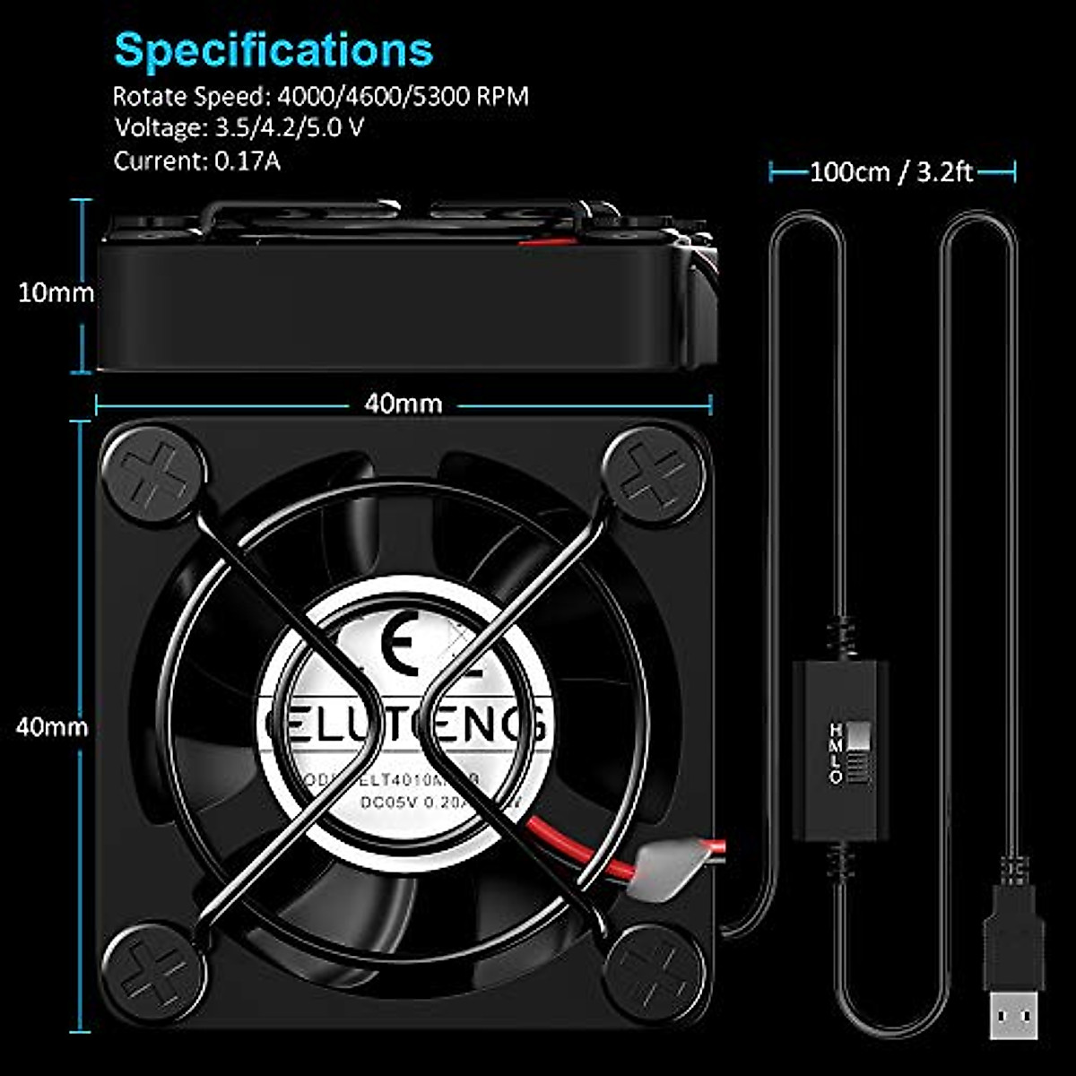 ELUTENG 40mm USB Fan with 3 Speed Control USB Ventilator 5V Max 5300RPM High Flow VR Cooling Fan Compatible for Receiver DVR Playstation Xbox Computer Cabinet Cooling