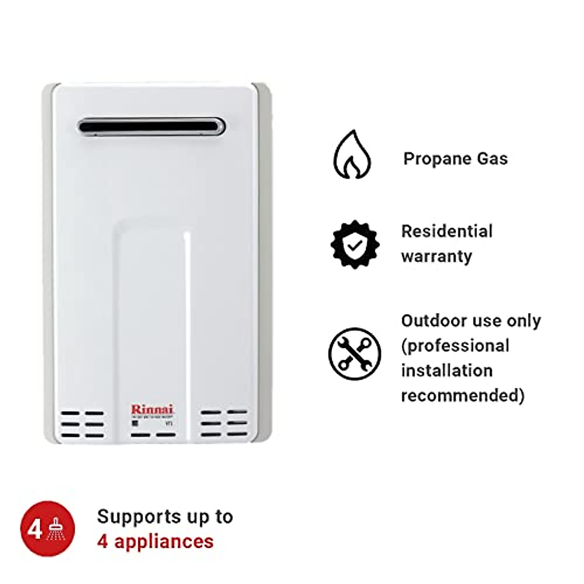 Rinnai V65eP Non-Condensing Propane Tankless Water Heater, Outdoor Installation, Up to 6.5 GPM