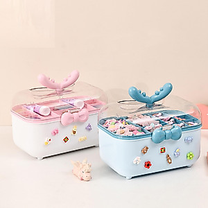 Girls Hair Accessories Storage Box, Cute Hair Accessories Organizer, Jewelry Box with Upper and Lower Layers, Deer Horn Handle, Bow Switch Girls Multipurpose Organizer and Portable Storage Box (Pink)