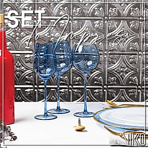 Vikko Wine Glasses, 17 Ounce Blue Wine Glass with Gold Rim, Set of 4 Stemmed Wine Glasses for Red and White Wine, Colored Wine Glasses, Glasses for Wine