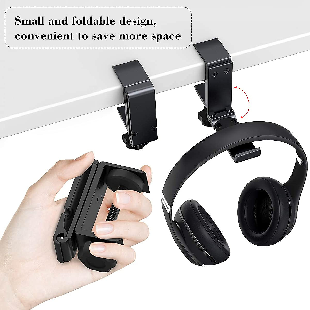 NCHONHONG Headphone Holder with Cable Organizer Aluminum Foldable Headset Stand Hanger Under Desk Save Space Headphone Hook for Universal Headphones