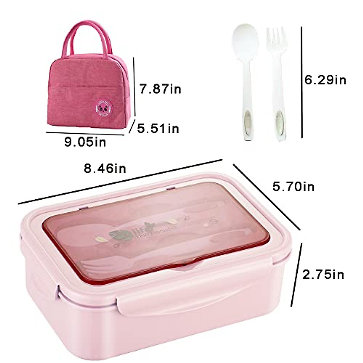BIUWING Bento Lunch Box for adults 1400ml With Utensils, Insulated Lunch Bag Suitable for dining out 3-grid leak proof lunch box (Pink)