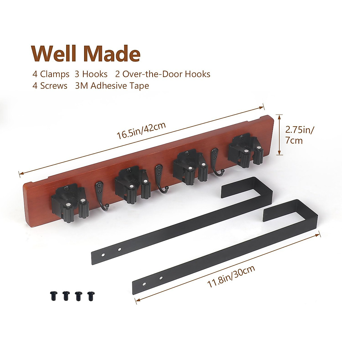 JSVER Over The Door Broom and Mop Holder Wood Broom and Mop Holder with 4 Racks and 3 Hooks, Broom Organizer Storage Tool Racks for Home Kitchen Garage Closet Laundry