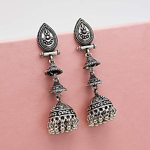 6 Pairs/Set Indian Jhumka Jhumki Ethnic Dangle Earring Sets for Women Vintage Silver Long Tassel Bell Drop Earrings Boho Jewelry (ES-8794-6)