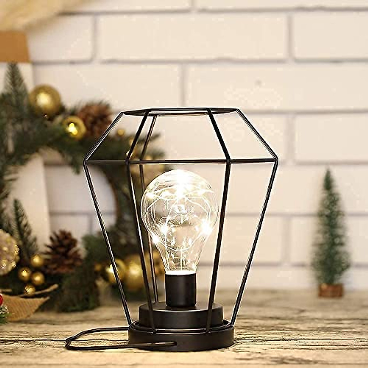 JHY DESIGN Diamond Metal Cage Table Lamp Battery Powered Hanging Lanterns, Cordless Lamp with LED Edsion Style Bulb for Weddings,Parties,Patio,Events for Indoors/Outdoors (Hanging Hook Included)