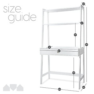 Milliard Ladder Desk with Storage, Freestanding Wall Computer Desk with Drawer and Shelves, White