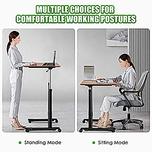 Tangkula Mobile Standing Desk Computer Desk, Height Adjustable Stand Up Desk with 4 Wheels, Rolling Compact Standing Desk with Steel Frame, MDF PVC Tabletop, Ideal for Home Office (Brown)