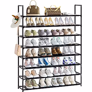 OYREL 8 Tier Shoe Organizer, 33.3in Wide x 11.2in Deep x 55.7in Tall, Black Metal and Plastic Shoe Rack, Holds up to 32-40 Pairs of Shoes