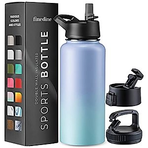 FineDine Insulated Water Bottles with Straw - 32 Oz Stainless Steel Metal Water Bottle W/ 3 Lids - Reusable for Travel, Camping, Bike, Sports - Powder Steel Blue Blend
