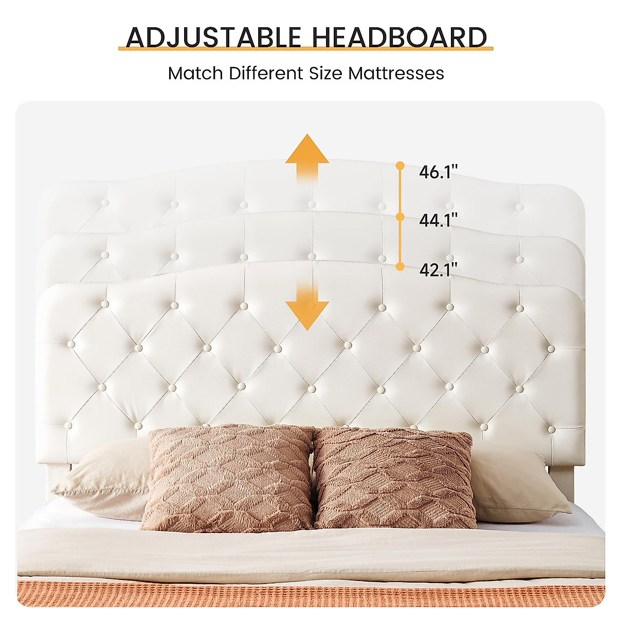 IDEALHOUSE Queen Bed Frame with Headboard Adjustable, Leather Platform Bed Upholstered Queen Size, Button Tufted Mattress Foundation, Wooden Slat Support, No Box Spring Needed, White