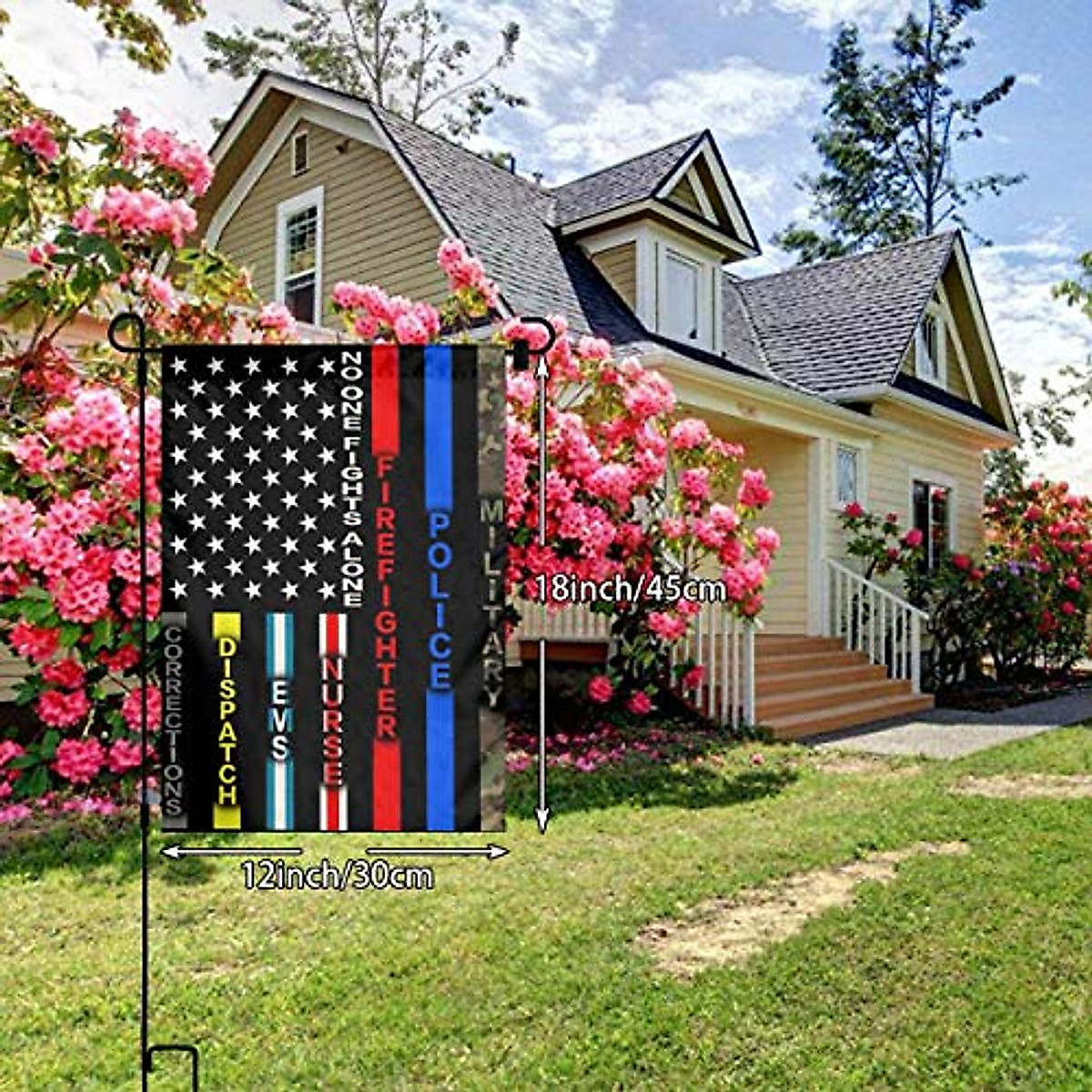 Military American Flag Army Police Cop Firefighter Fire Blue Green Red Thin Line Black No One Fights Alone Nylon Burlap Linen Fabric Garden Flag Farmhouse Mailbox Decor Welcome 12x18 Double Sided