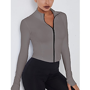 Fenclushy Womens Cropped Slim Athletic Yoga Workout Track Sports Zip Up Jacket with Thumb Holes(khaki,S)