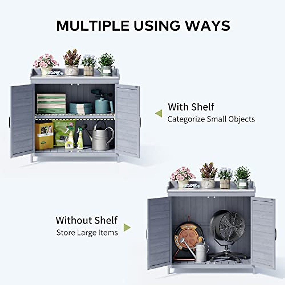 Gizoon Outdoor Potting Bench with Metal Tabletop, Double Doors Garden Potting Table with Adjustable Shelf, Wooden Planting Table Potting Stand for Backyard, Patio, Lawn -Grey