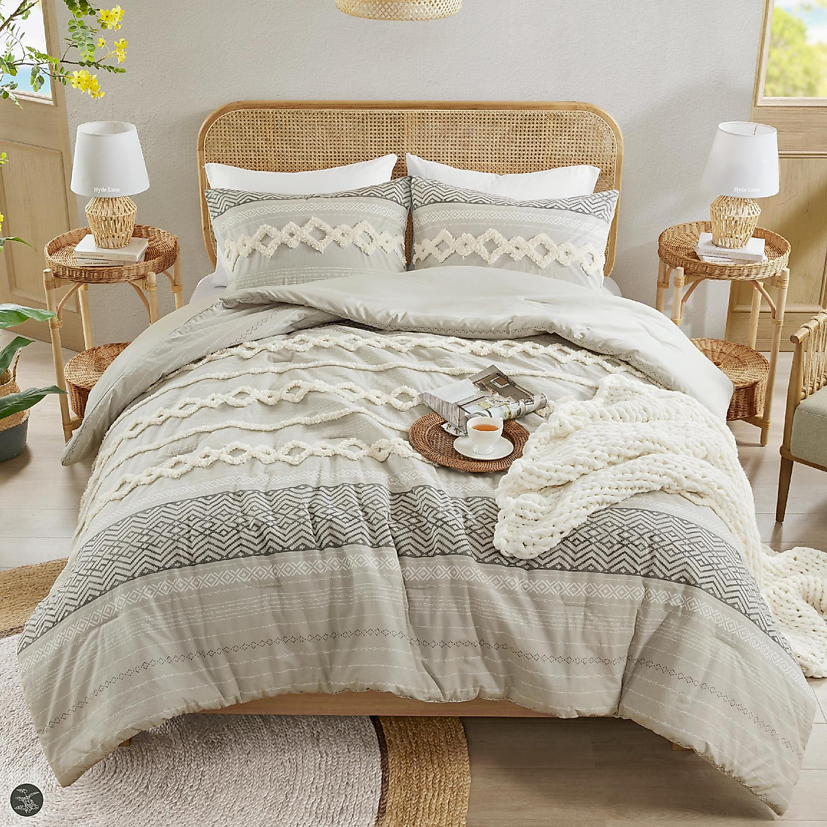 Hyde Lane Boho Gray Comforter Set King, Farmhouse Bedding Sets, Cotton Top with Modern Neutral Style Clipped Jacquard Stripes, 3-Pieces Including Matching Pillow Shams (104x90 Inches)