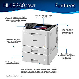 Brother HL-L8360CDWT Business Color Laser Printer, Wireless Networking, Auto 2-Sided Printing, 250-sheet or 500-sheet Capacity, 33 ppm, 512 MB, 2400 x 600 DPI, White-Bundle with JAWFOAL Printer Cable