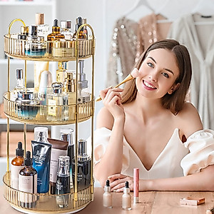 shuang qing Rotating Makeup Organizer for Vanity 3 Tier, High-Capacity Skincare Clear Make Up Storage Perfume Organizers Cosmetic Dresser Organizer Countertop 360 Spinning （Gold）