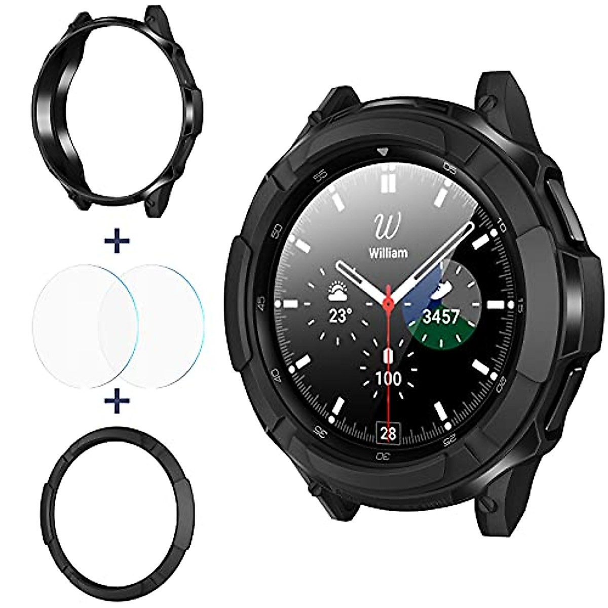 Goton 3 in 1 Accessories for Samsung Galaxy Watch 4 Classic 46mm, 1 Rugged TPU Armor Bumper Case Cover +2 Tempered Glass Screen Protector Films + 1 Bezel Ring for Galaxy Watch4 Classic 46mm Black