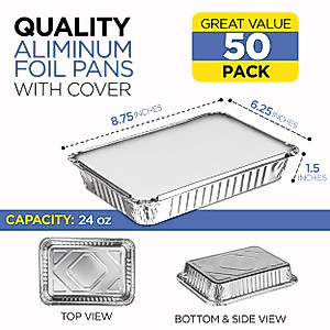 Fit Meal Prep 50 Pack 1.5 lb Aluminum Foil Pans with Lids, 8.75 x 6.25 x 1.5” Take Out Food Containers with Cardboard Cover for Spill Proof, Disposable Aluminum Baking Pan Freezer Oven Safe