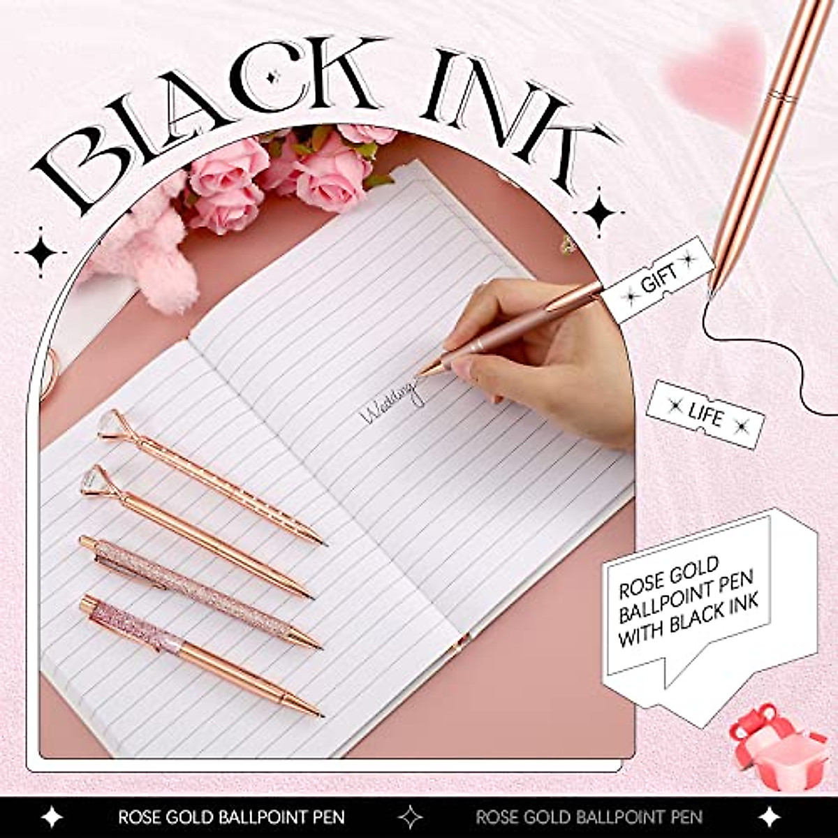6 Pcs Rose Gold Ballpoint Pen Set Include Crystal Diamond Pen Slim Metal Ballpoint Pens Black Ink Stylus Pen Liquid Sand Pen Retractable Glitter Pen for Office School Gifts Wedding Party Supplies