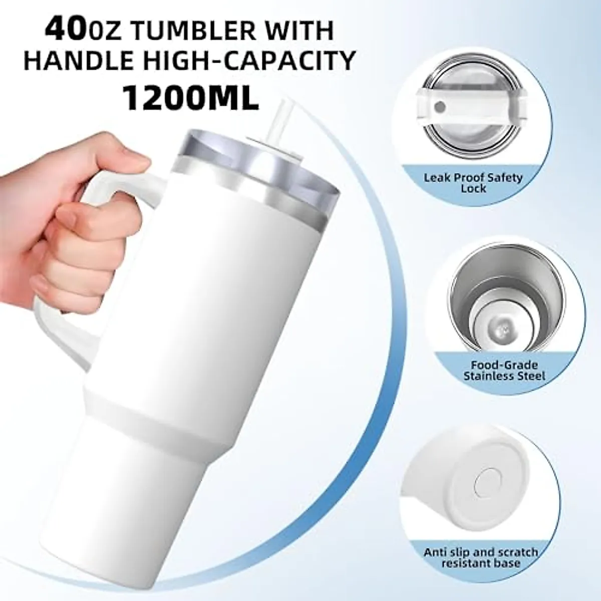HQFFPOO 40 oz Tumbler with Handle and Straw Stainless Steel Coffee Travel Mug with Lid Insulated Water Bottle Reusable Leak Proof for Sports, Women, Men, Work - White