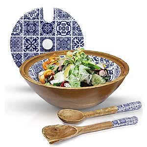Decorative Wooden Salad Bowl Set with Lid and Servers in Moroccan Blue. Premium Mango wood bowls with Tongs Set for Salads, Cereal, Popcorn & Fruit. Great for Home and Entertainment! 12" Wooden bowl.
