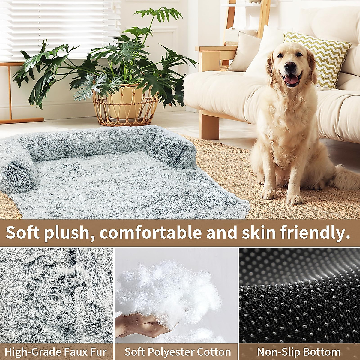 HapyClaw Calming Dog Couch Bed for Large Dogs, Waterproof Dog Bed Furniture Protector Washable, Fluffy Dog Couch Cover for Dogs and Cats, Large, Grey, 40.2 x 35.4 x 7.9 Inches
