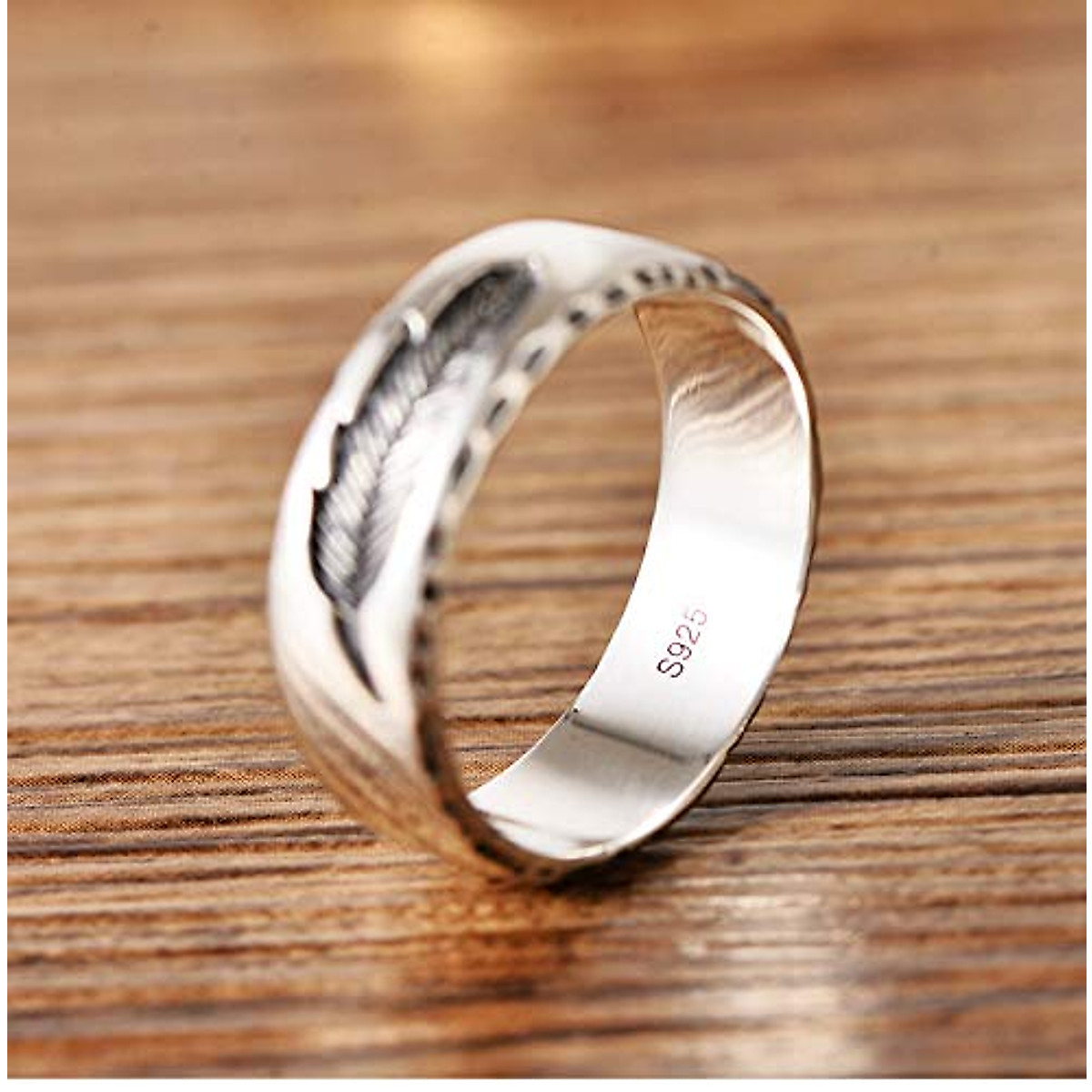 Vintage Real 925 Sterling Silver Feather Band Ring Jewelry for Men Women Size 8.5