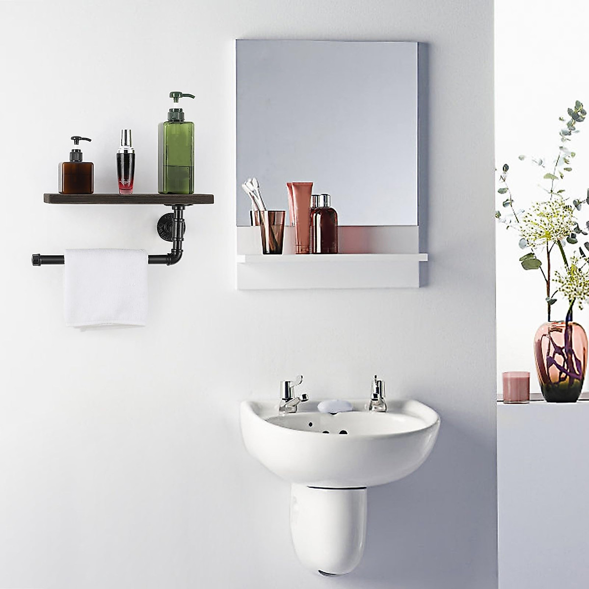 Industrial Wall Paper Towel Holder Wood & Pipe Floating Shelf Vintage Hand Roll Paper Towel Holders Stand Wall Mounted Toilet Paper Storage Rack for Bathroom, Kitchen, Washroom(Rustic Brown)