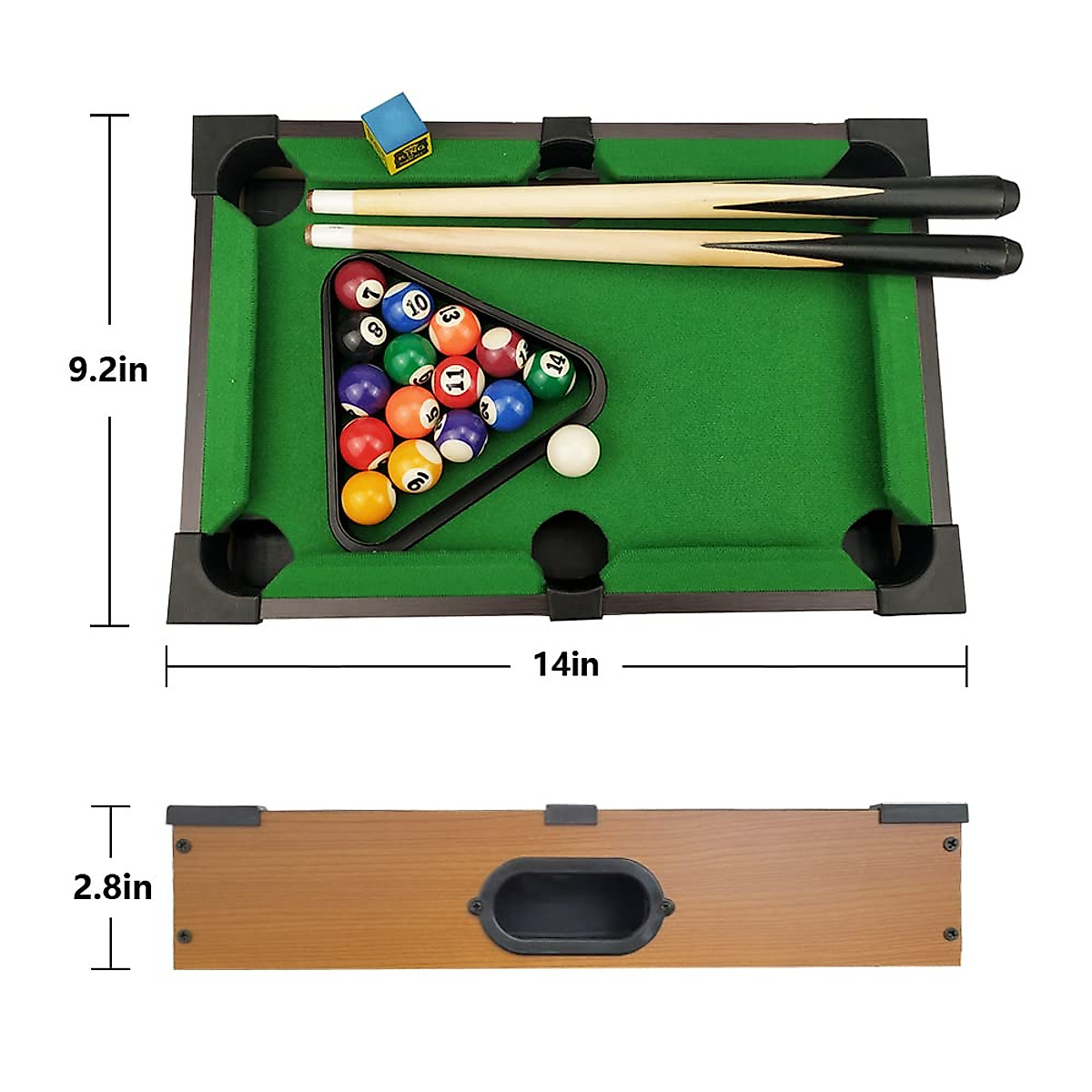 Benfu Mini Table Billiards Game, Home and Office Desktop Billiards Game, Including Pool Table 15 Colorful Balls, 1 Cue Ball, 2 Billiard Sticks, 1 Chalk Triangle Cube (14inches)