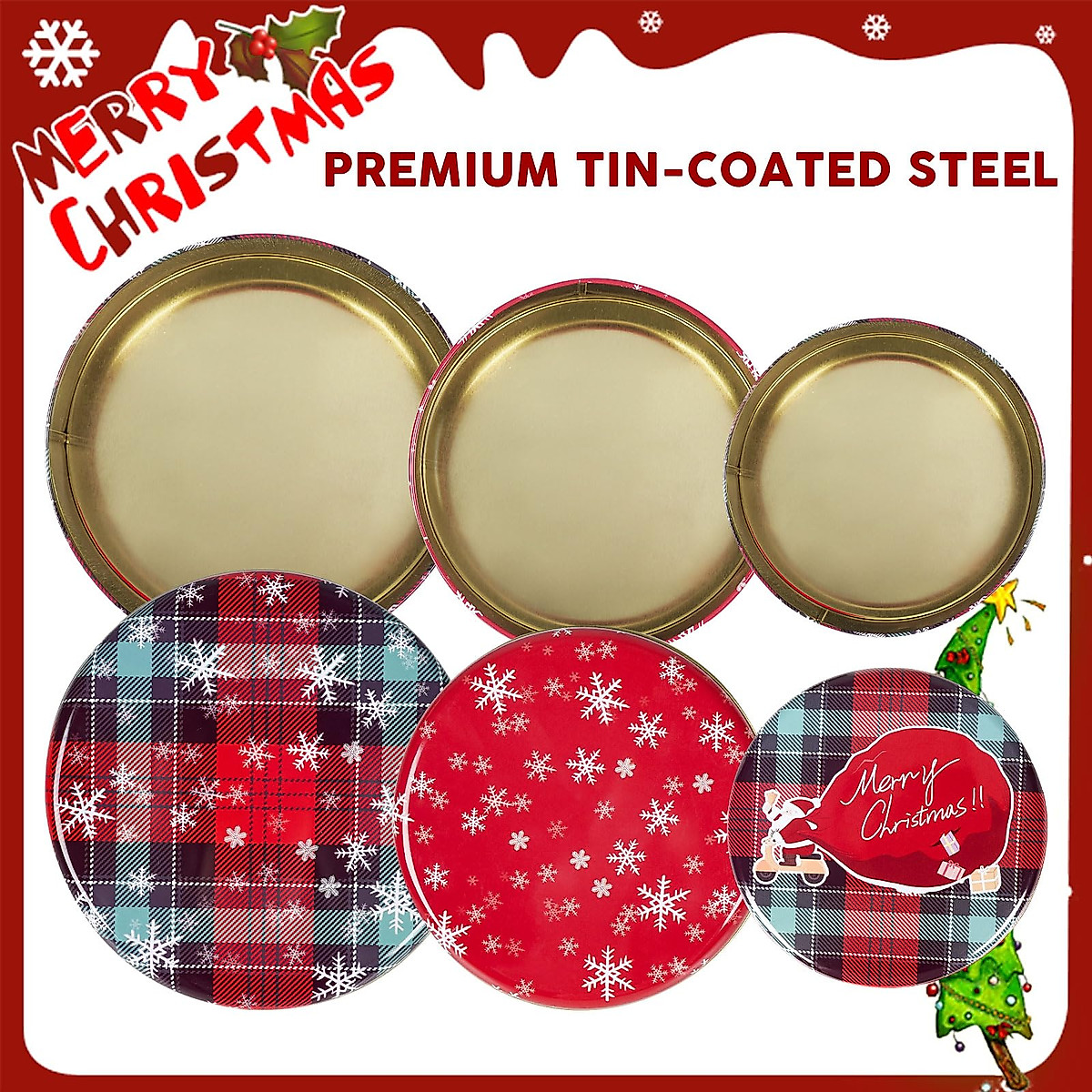 Yeenoon 3 Pack Christmas Cookie Tins with Lids, Round Sturdy Gift Tins, Christmas Baking Cake Container for Storing Patisseries, Snack, Chocolate, Special Christmas Holidays Gift