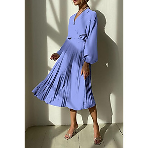 PRETTYGARDEN Women's Spring Midi Dress Long Puff Sleeve Wrap V Neck Flowy Ruffle Pleated Casual Fall Dresses (Blue,Large)