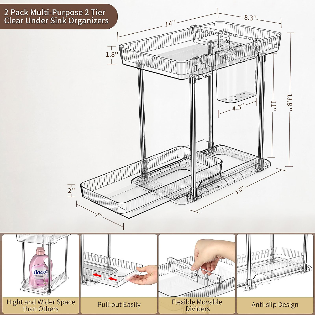 2 Tier Bathroom Cabinet Under Sink Organizers and Storage Clear, Multi-Purpose Kitchen Pantry Organization and Storage, Pull Out Medicine Cabinet Organizer Storage with Movable Dividers & Cups, 2 Set