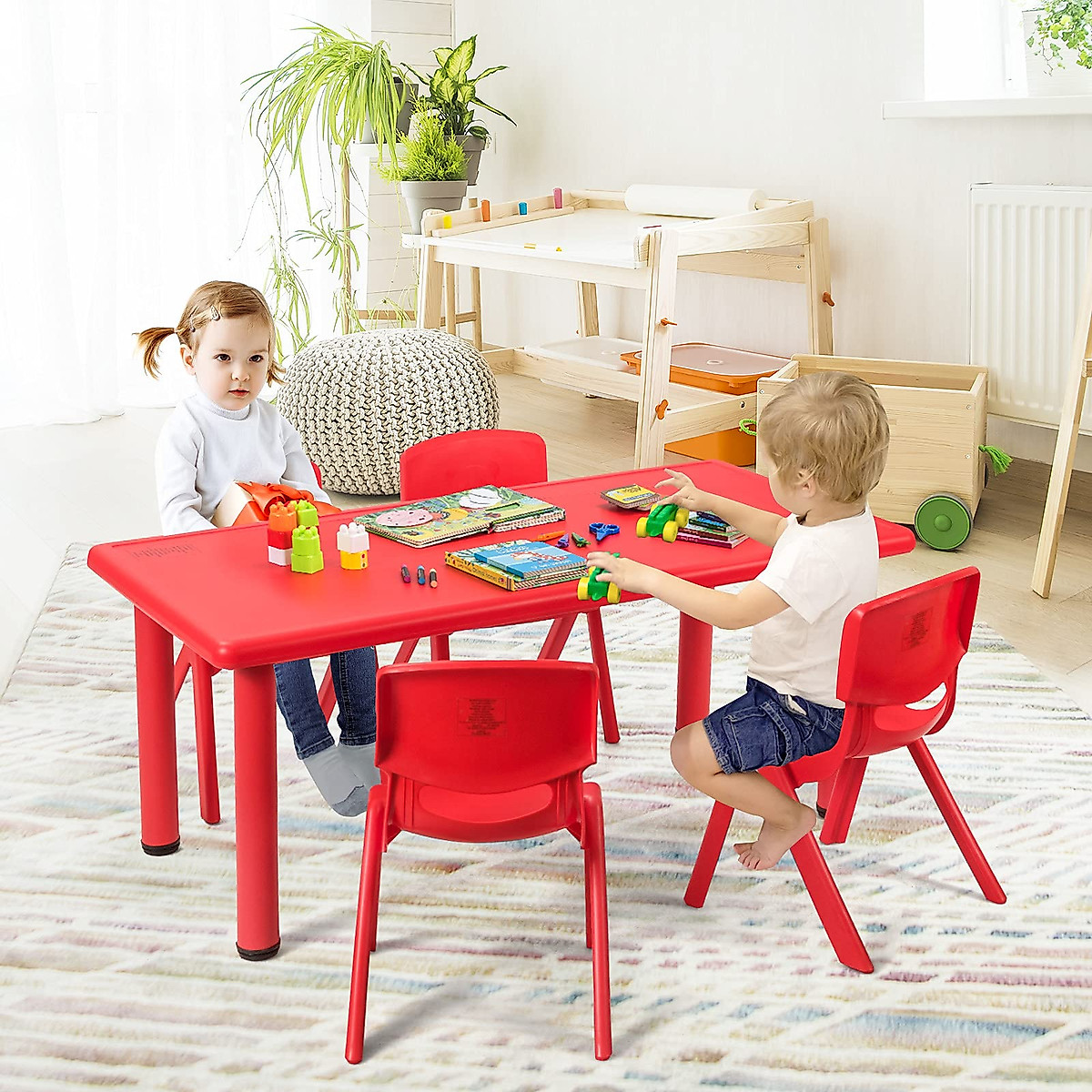 HONEY JOY Kids Table and 4 Chair Set, 48 x 24 Inch Children Rectangular Study Table with Stackable Seats, 4 Pcs Plastic Activity Toddler Furniture Set for Playroom Daycare, Gift for Boys Girls (Red)