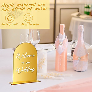 Woanger 4 Pcs Arch Acrylic Wedding Reception Signs with Stand Gold Gifts and Cards Sign with Holder Arched Round Top Welcome Wedding Signs 4 x 6 Acrylic Signs Please Sign Our Guest Book Sign for