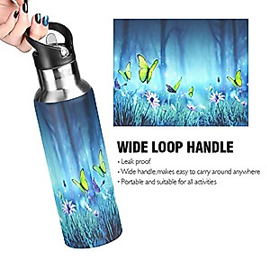 Kigai Beautiful Butterfly and Flower Water Bottle, Outdoor Sports Bottle With Wide Mouth Straw Lid, Stainless Steel Double Wall Vacuum Insulated Flask for School Gym 34 oz