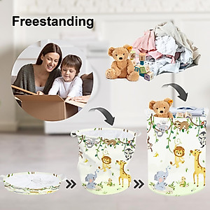 Clastyle 45L Vine Woodland Animal Hamper for Boy Girl Elephant Giraffe Lion White Round Toy Clothes Storage Basket for Nursery Room
