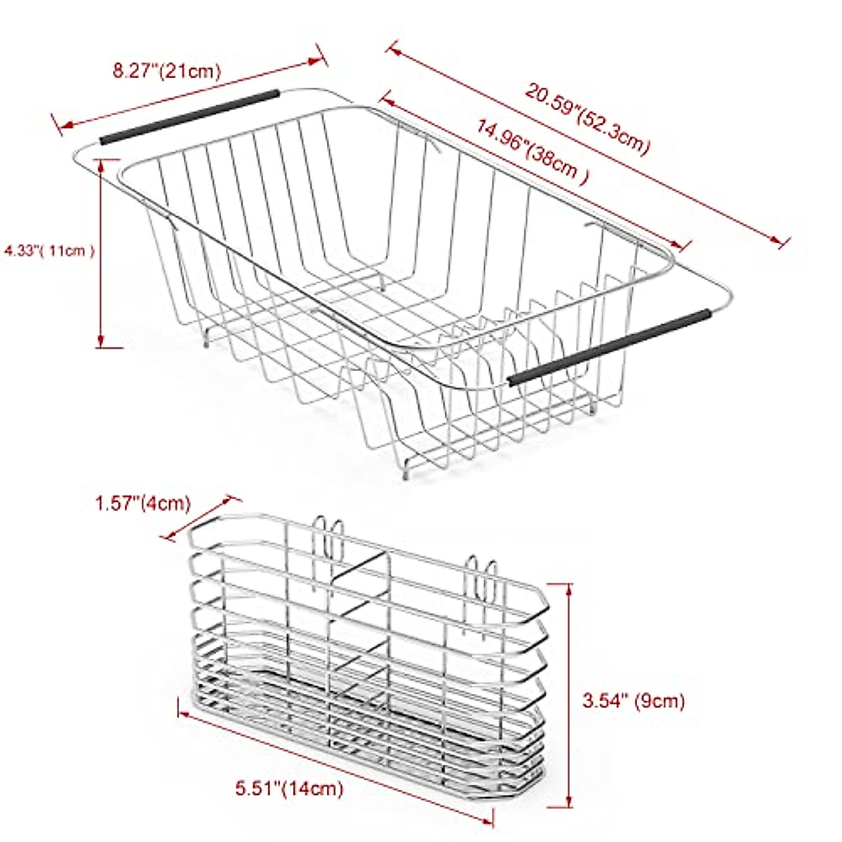 JAQ Small Dish Drying Rack in Sink Adjustable 14.96" to 20.59", Expandable 304 Stainless Steel Metal Dish Drainer Rack Organizer with Stainless Steel Utensil Holder Over Sink Counter (for 1-2 People)