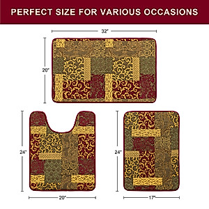 Loom and Mill Luxury Bathroom Rug Set 3 Pieces, Thick Chenille Memory Foam Bath Rugs Non Slip Absorbent Washable Bath Mats Set with U Shaped Toilet Mat for Bathroom, Toilet, Bedroom, Kitchen(Red&Gold)