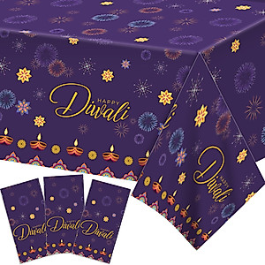 KYMY 3pcs Happy Diwali Table Covers with 86.6" X51.18", India Festival of Lighting Tablecloths, Rectangle Plastic Diwali Tablecovers for India Festival Deepawali Party Kitchen Dining Decoration