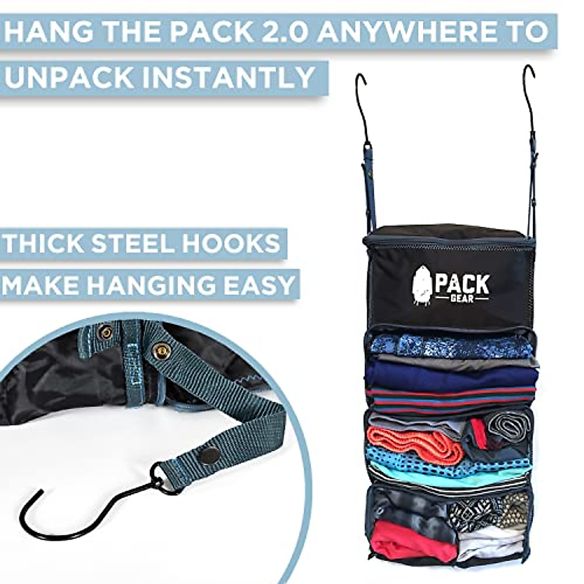 Pack Gear Suitcase Organizer | Pack More in your Large or Carry On Luggage | Unpack Instantly with these Compression Packing Cubes for Suitcases | Hanging Shelf Organizer for Closet (Black) (Carry-On)