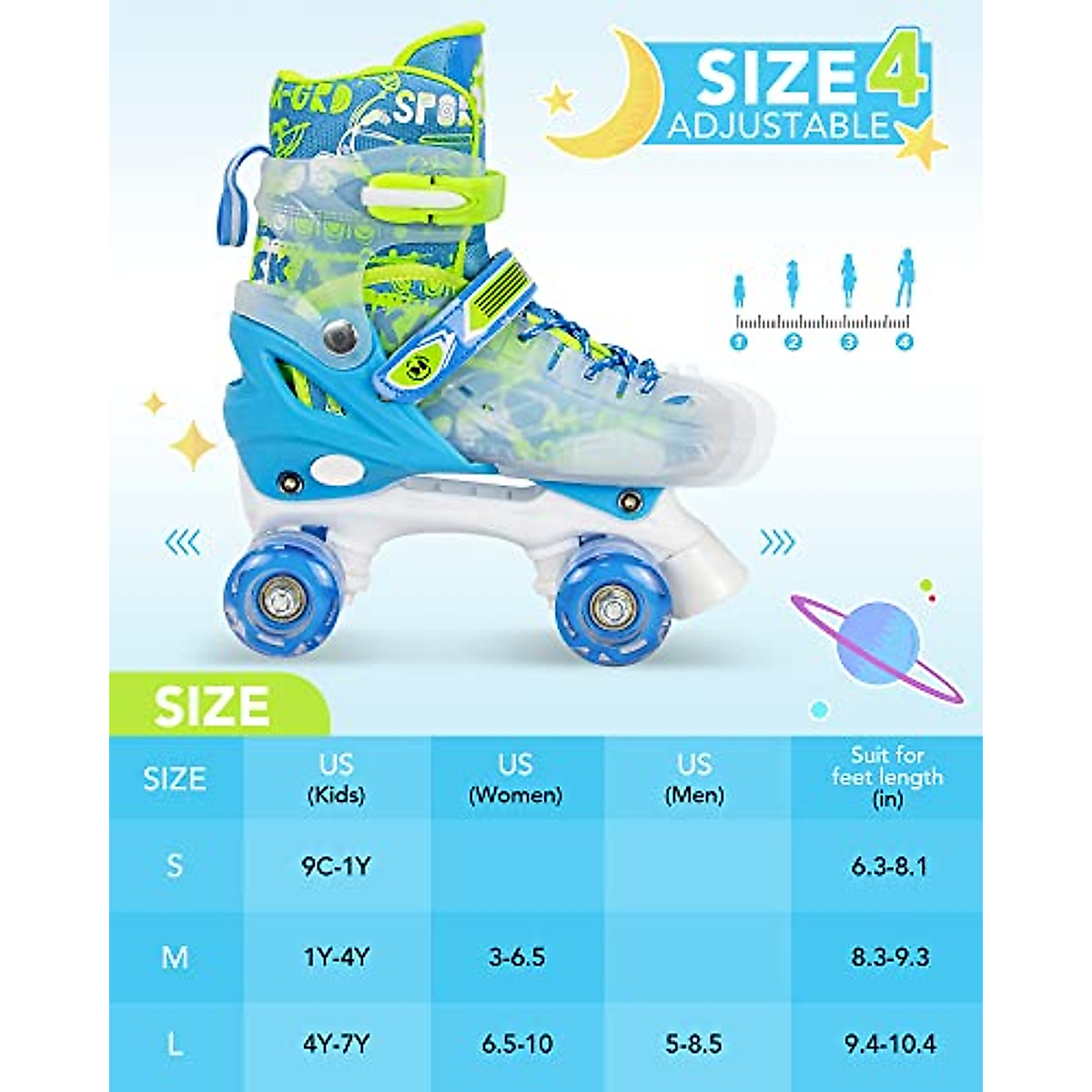 M-GRO Adjustable Skates for Kids, 8-Wheeled Skates for Kids,rollerskates Girl and Boys，Adjustable Size Suitable for Indoor and Outdoor use