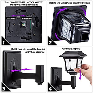 LeiDrail Solar Fence Lights, 4 Pack 2 Mode Solar Lights Outdoor Waterproof Wall Lantern Sconce for Garden Yard Patio Decoration Warm White/Cool White Landscape Lighting