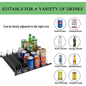 Soda Can Drink Organizer for Fridge, Self Pushing Drink Organizer for Refrigerator Width Adjustable Beverage Pusher Glide Beer Pop Can Water Bottle Storage for Pantry, Kitchen-Black, 5 Row