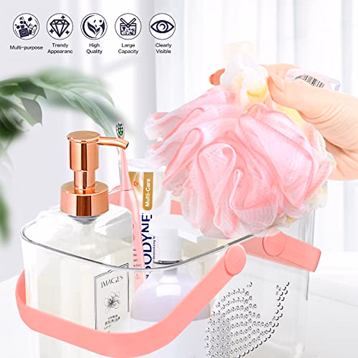 FODIENS 2 Pack Plastic Shower Caddy Basket, Portable Shower Caddy Tote Storage Basket with Colorful Handles, Clear Toiletry Organizer Bin for Bathroom Kitchen College Dorm (White+Pink)