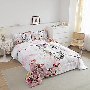 Erosebridal Girls Horse Comforter Set Twin Chic Cherry Blossom Bedding Set Boys Teens Galloping White Horse Duvet Insert 3D Wild Animal Horse Quilts Western Rustic Farmhouse Style Bedroom Decor 2 Pcs