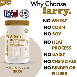 8-in-1 Multivitamin Dog Supplement by Larry | Heart, Digestion, Liver, Skin, Coat, & Joint Support Supplement for Dogs | with Vitamins, Minerals, Omegas, & Glucosamine Chondroitin | 120 Soft Chews