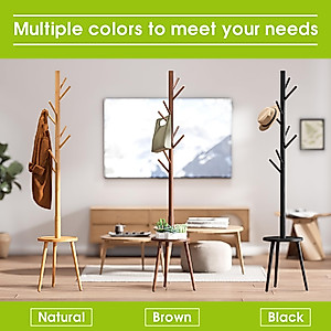 BMOSU Coat Rack freestanding Stand with Shelf Bamboo Wooden Coat Tree Easy Assembly 8 Hooks Standing Jackets Hanger Hallway Office Floor Coat Stand Black