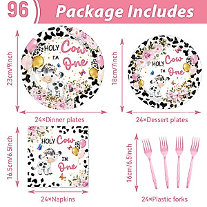 gisgfim 96Pcs Holy Cow I'm One Party Supplies Pink Cow Print Paper Plates Napkins Cow First Party Tableware Set Cow Floral Dinnerware for Girl 1st Birthday Party Table Dinner Decoration Serve 24